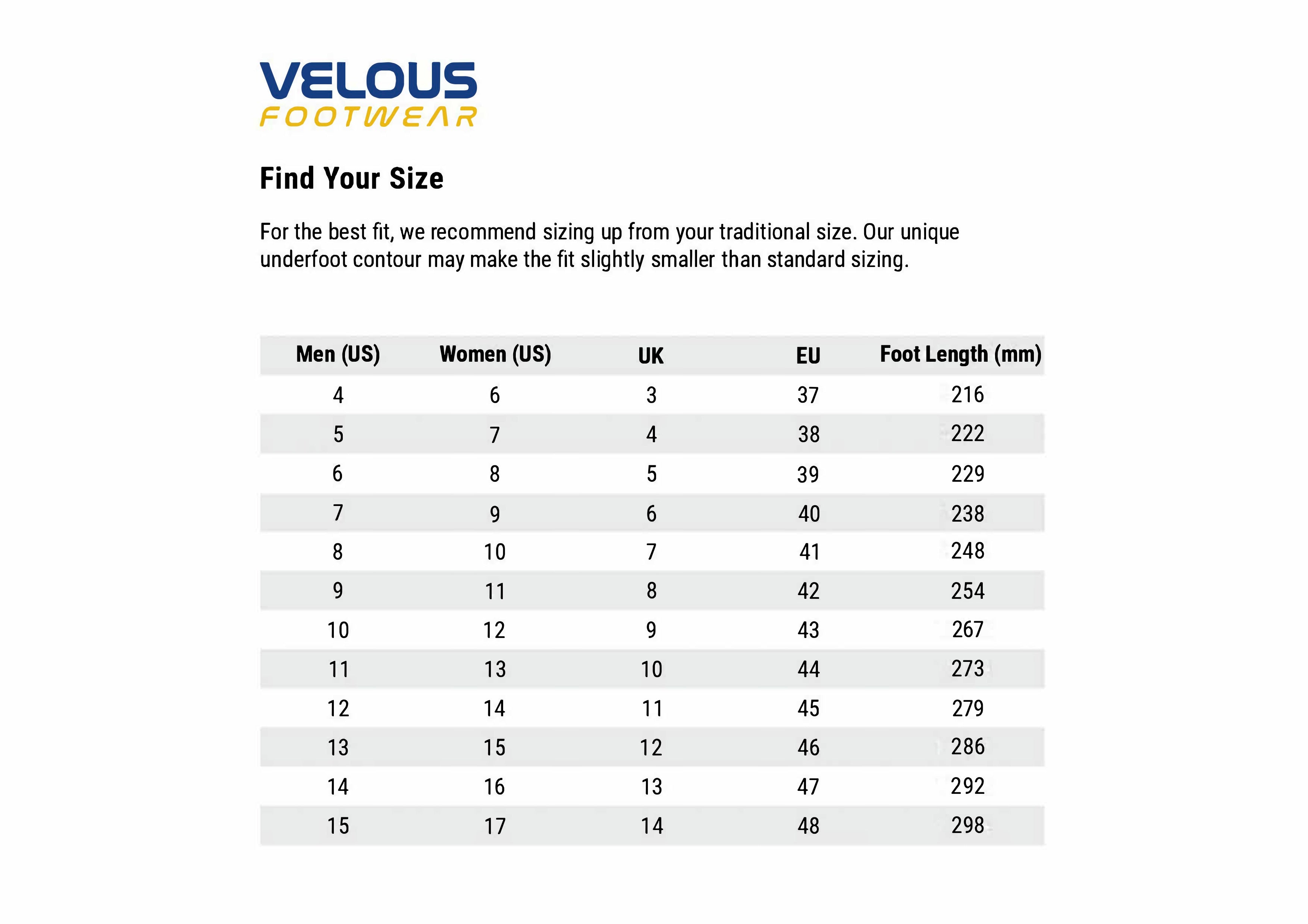 VELOUS Footwear Size Chart – VELOUS Footwear Benelux
